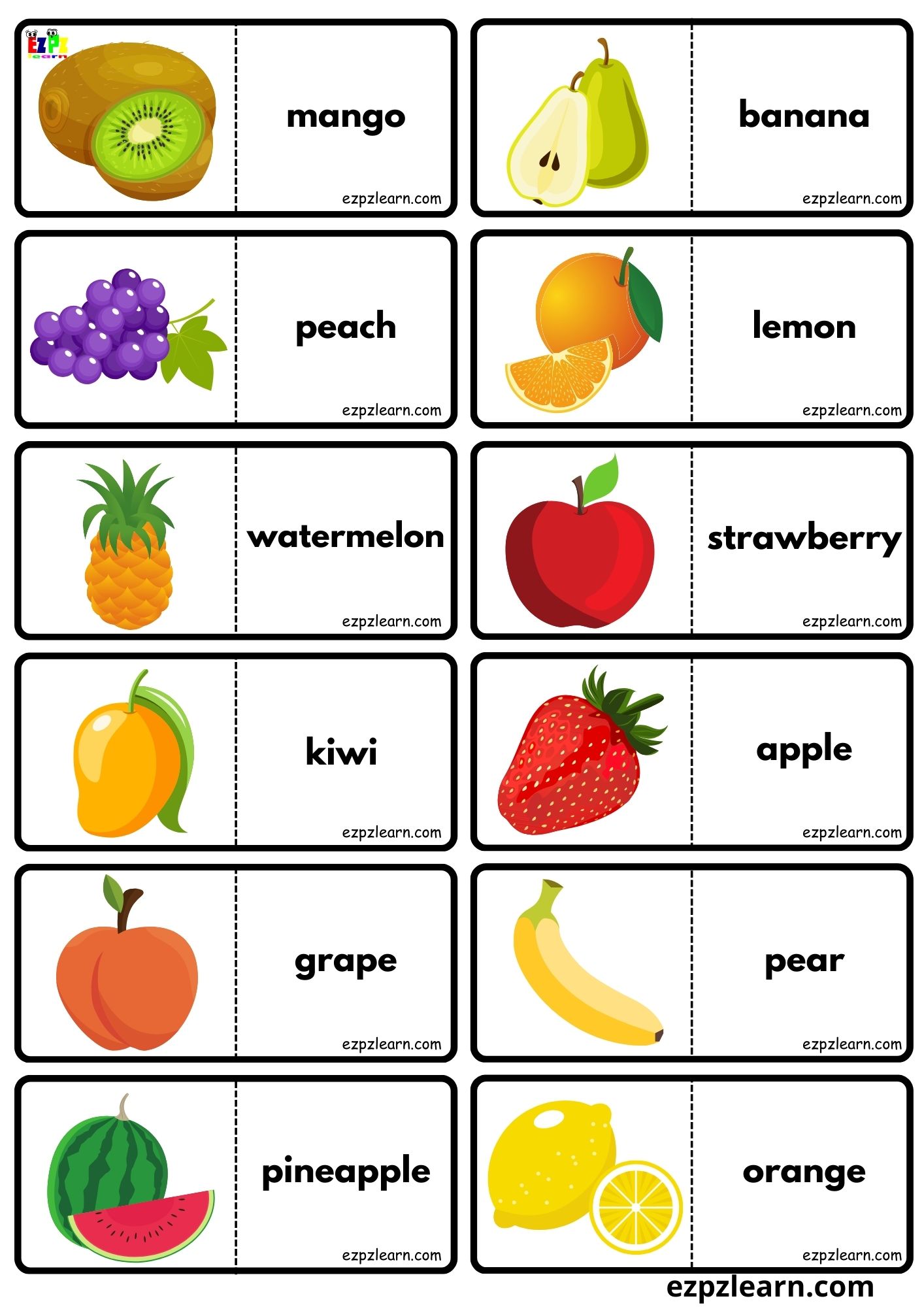 Fruit Vocabulary Dominoes Matching Game for Kids and English Language Learners Free PDF Download ...